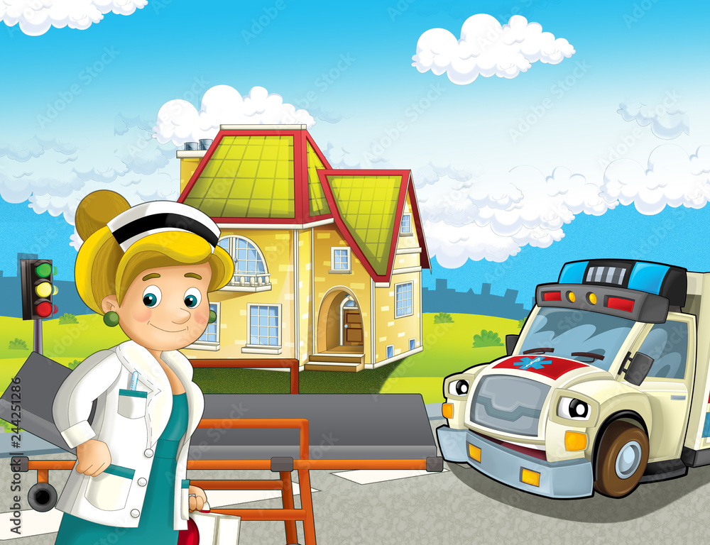 cartoon scene in the city with doctor car happy ambulance ...