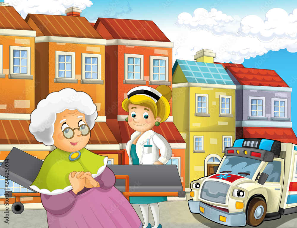 cartoon scene in the city with doctor car happy ambulance ...