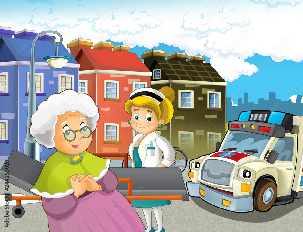 cartoon scene in the city with doctor car happy ambulance ...