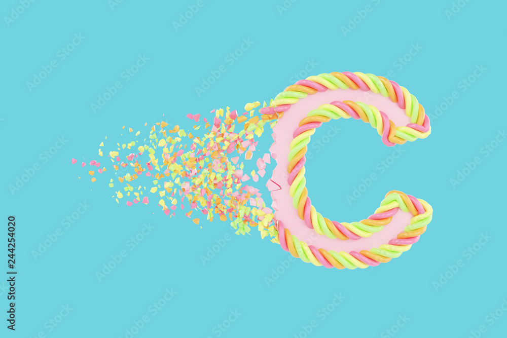 Shattering letter C 3D realistic raster illustration. Alphabet letter ...