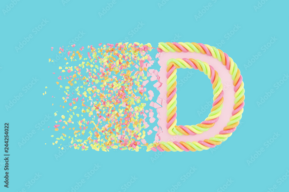 Shattering letter D 3D realistic raster illustration. Alphabet letter ...