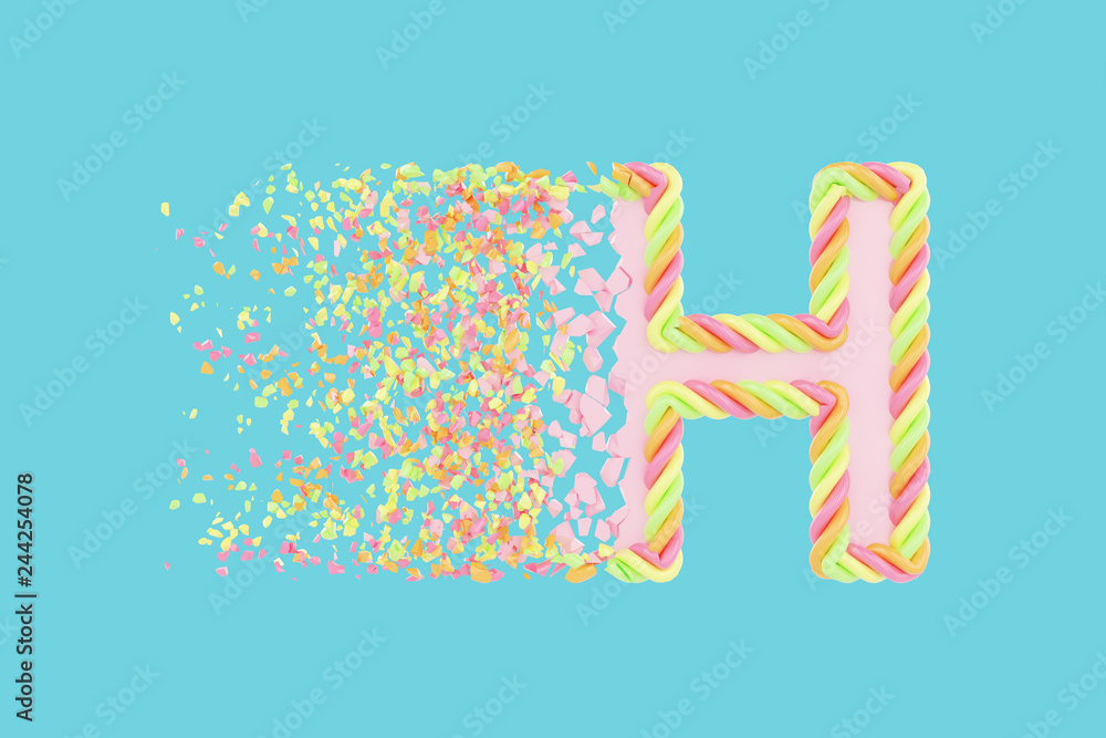 Shattering letter H 3D realistic raster illustration. Alphabet letter ...