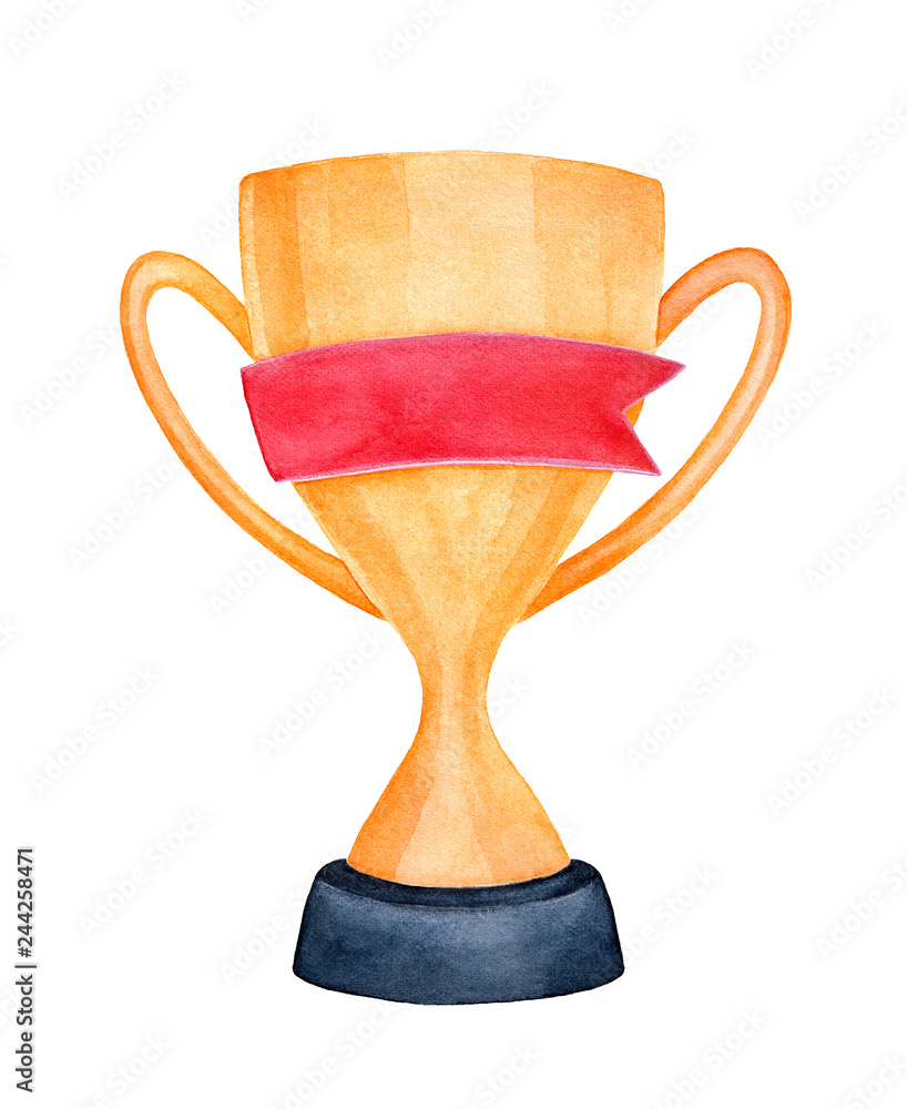 Golden winner cup on black marble base with red blank ribbon, that can ...