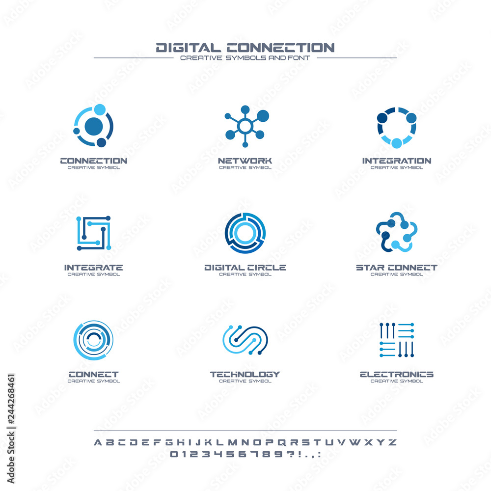 Digital connect creative symbols set, font concept. Social media ...