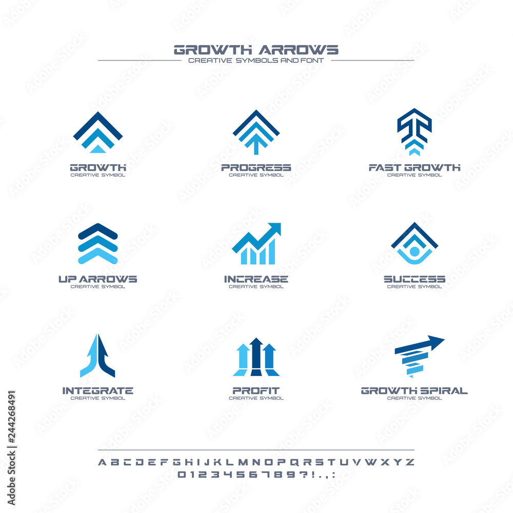 Growth arrows creative symbols set, font concept. Finance profit, bank ...