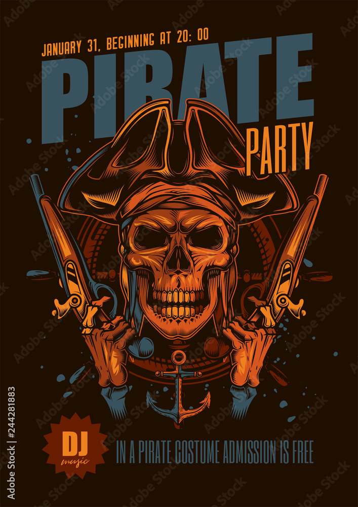 Poster for a pirate-style costume party. Vector illustration in vintage ...