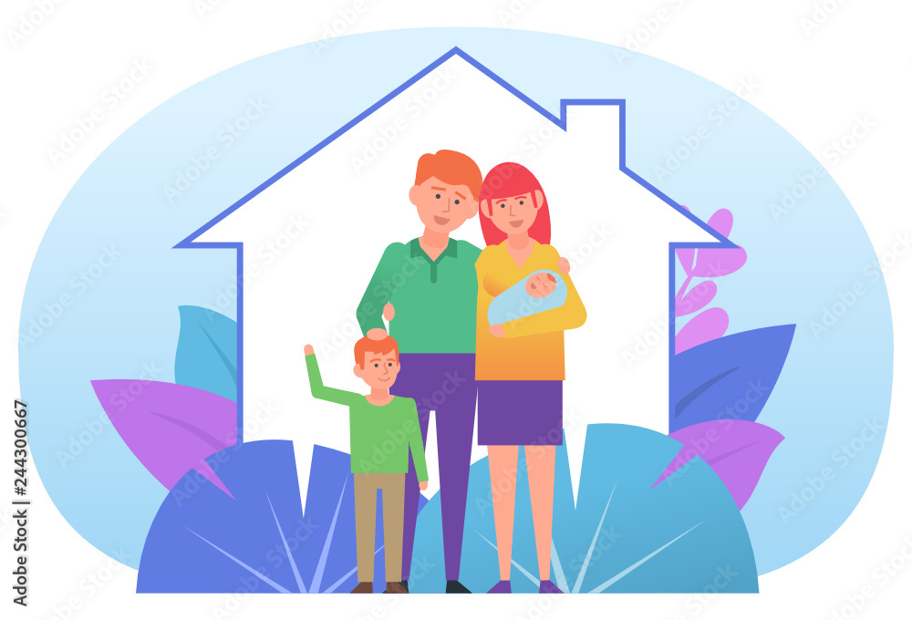 Happy family stand in front of house sign. Home, family, security ...