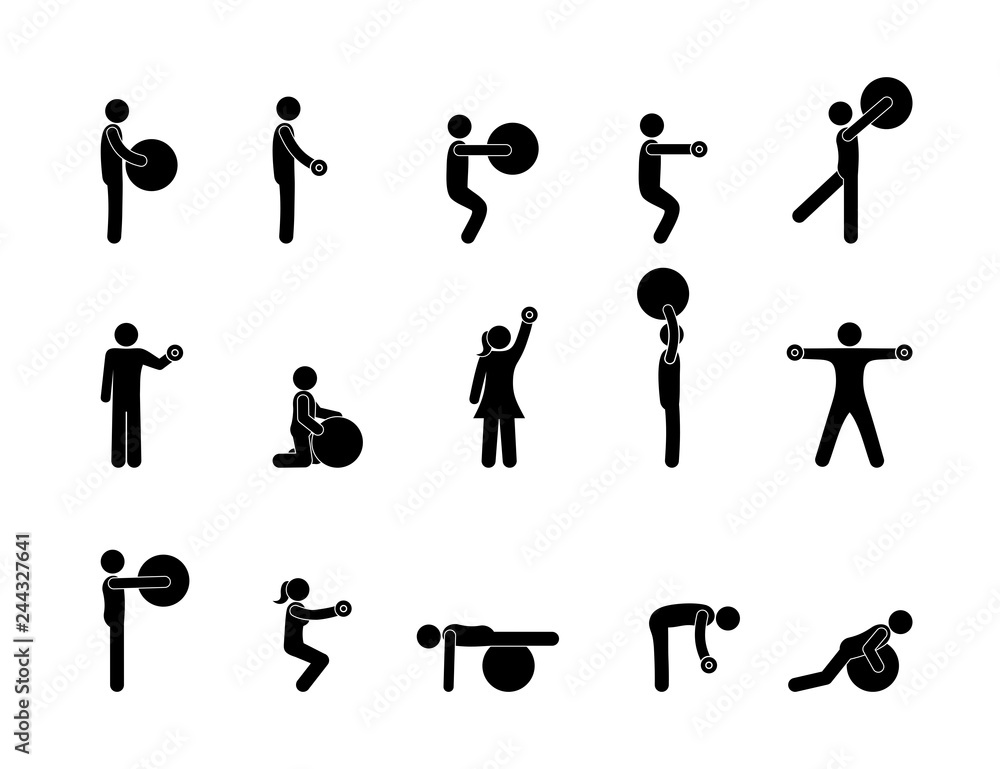 gym icon, exercises with a ball and dumbbells, man pictogram, stick ...
