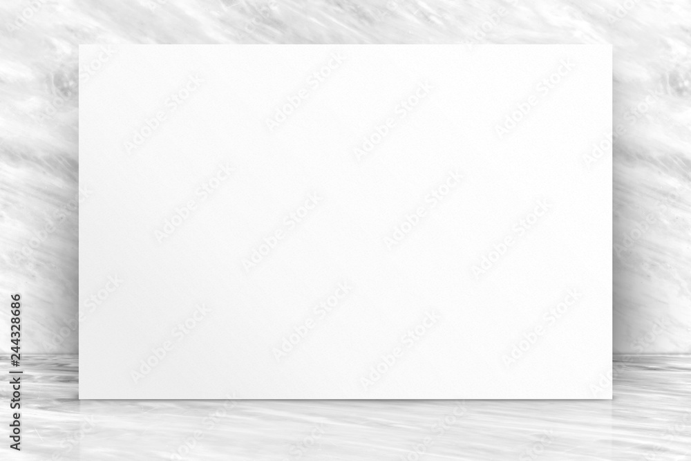 Blank long white paper poster at luxury white glossy marble wall and ...