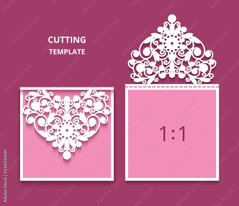 Wedding invitation card with cutout lace decoration, template for laser ...