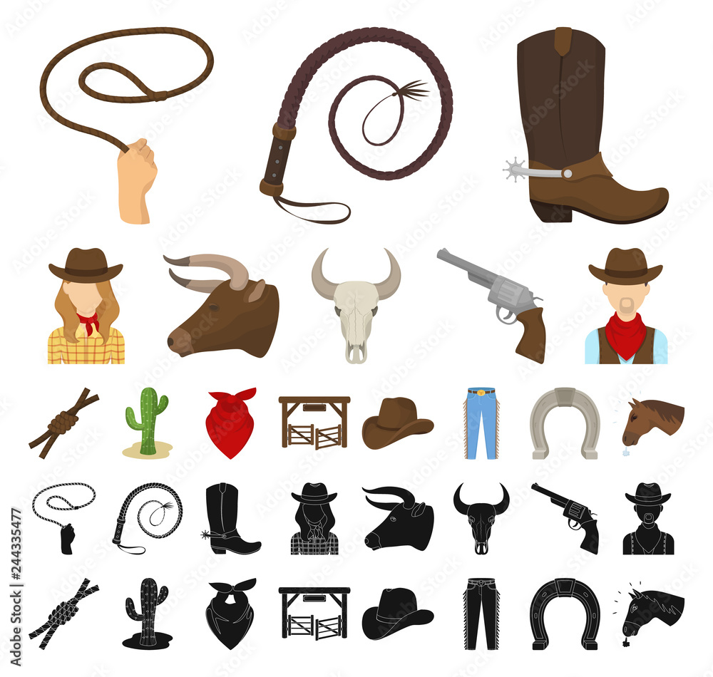 Rodeo, competition cartoon, black icons in set collection for design ...