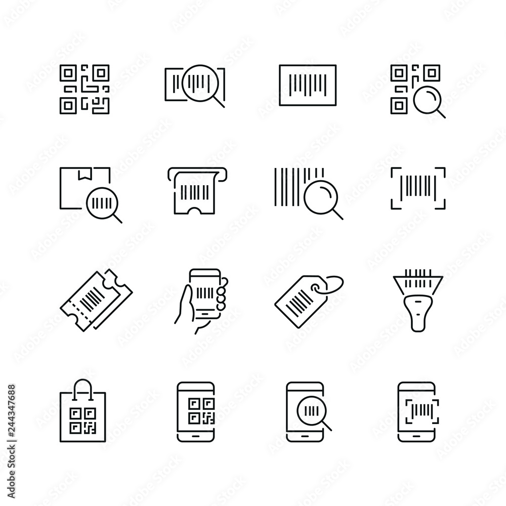 Qr code related icons: thin vector icon set, black and white kit Stock ...