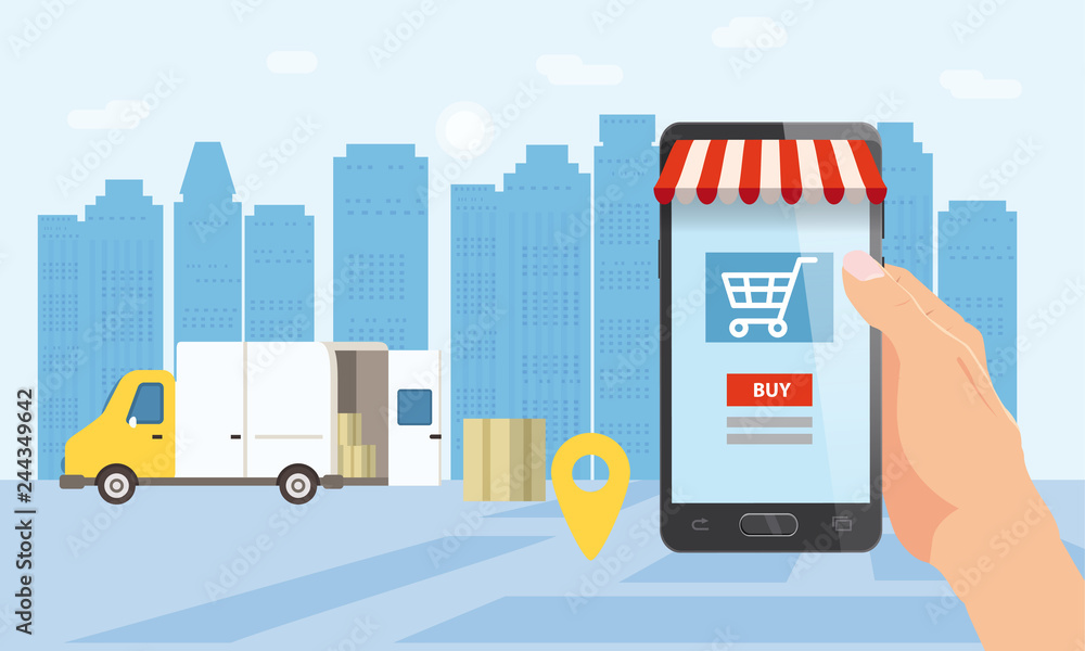 Online delivery service, tracking online tracker. A hand is holding a ...