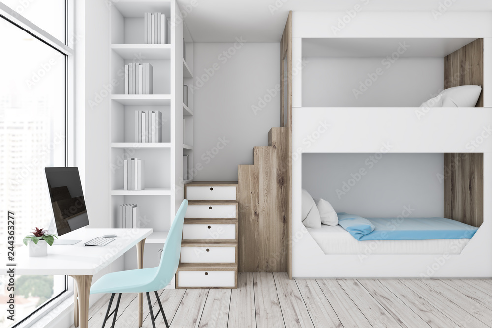 White bunk bed bedroom interior, computer desk Stock Illustration ...