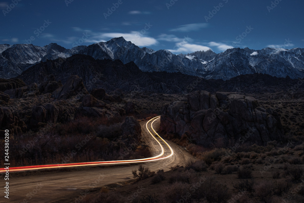 Alabama Hills at Night with Car Light Trail Stock Photo | Adobe Stock