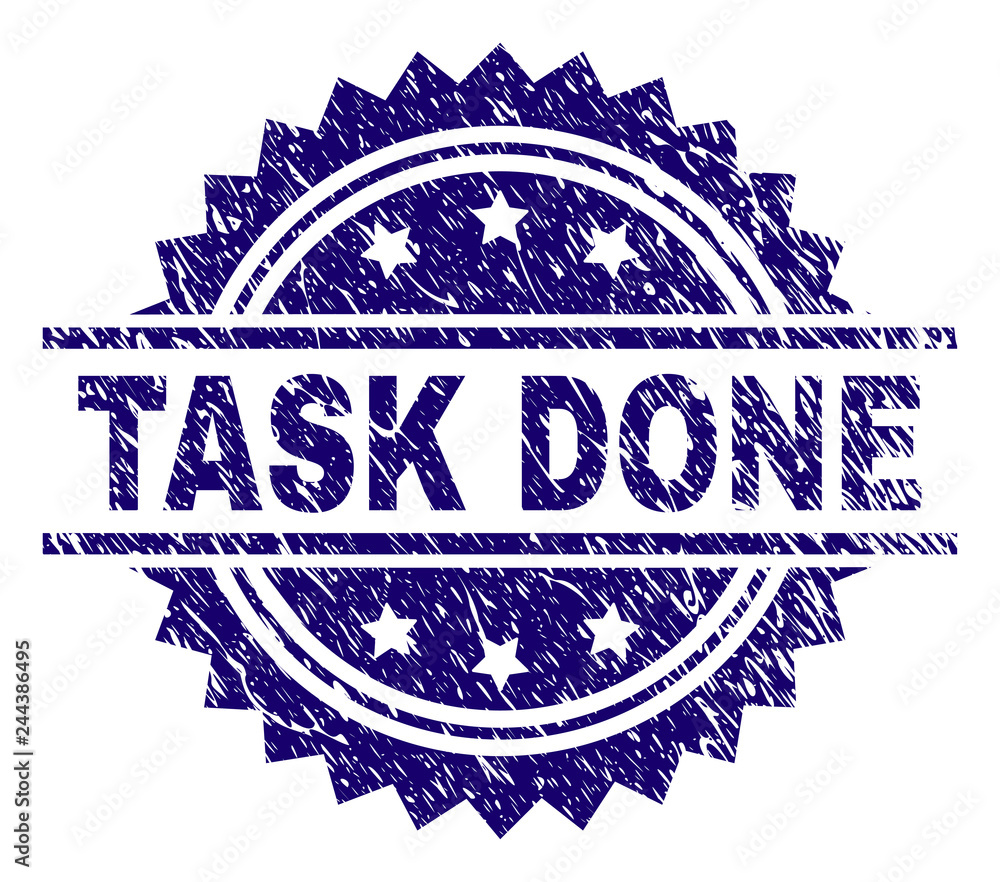 TASK DONE stamp seal watermark with distress style. Blue vector rubber ...