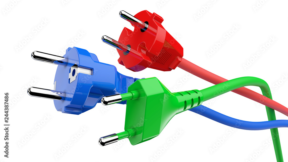 Verschieden farbige Stromstecker mit Kabel isoliert, weißer Hintergrund ...