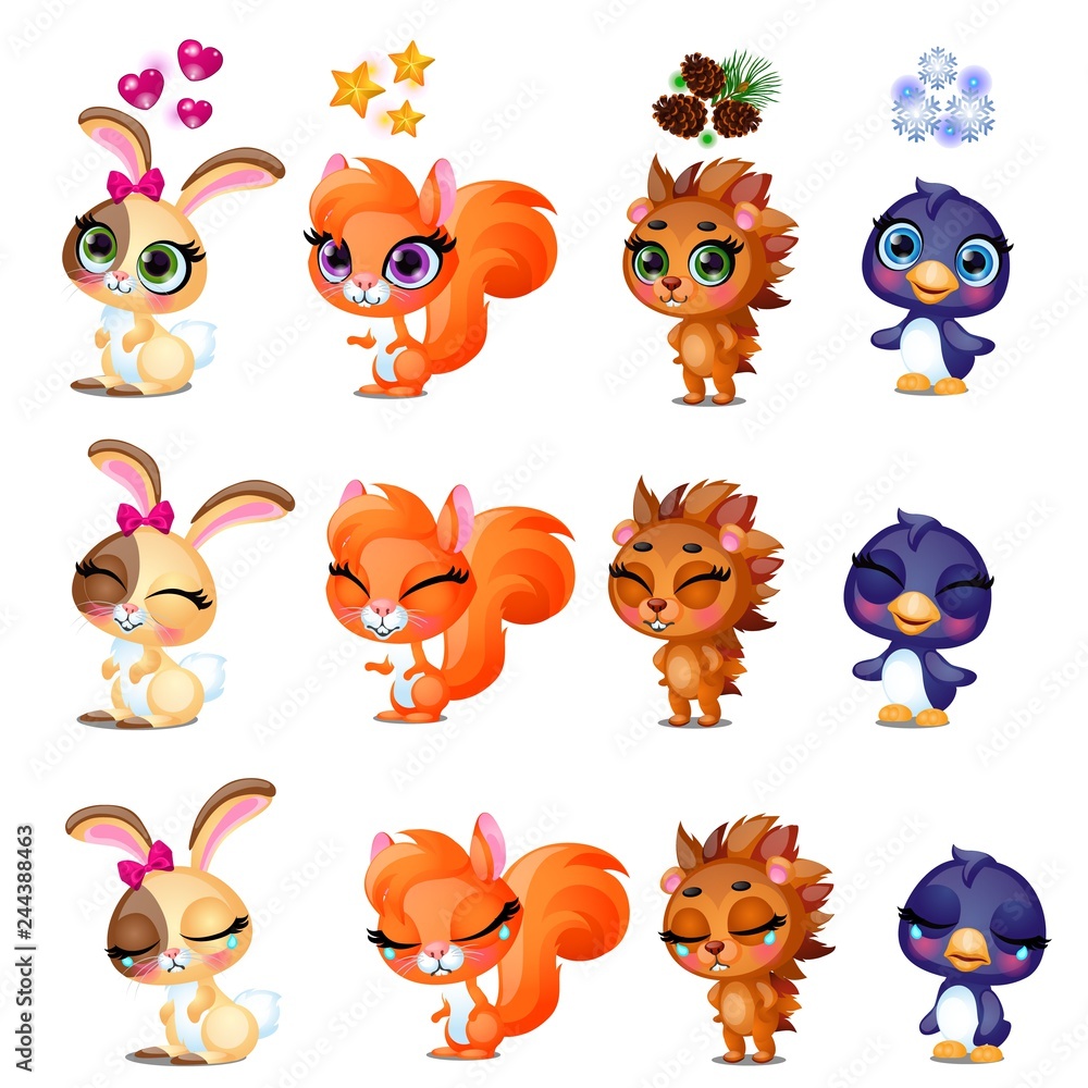 A set of funny and sad emotions of cute little animals isolated on ...