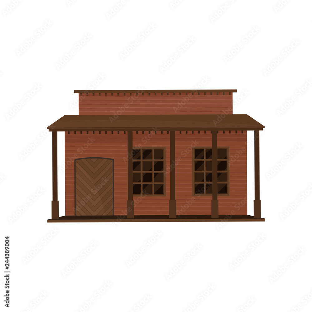 Small western house with wood door and porch. Old wooden building ...