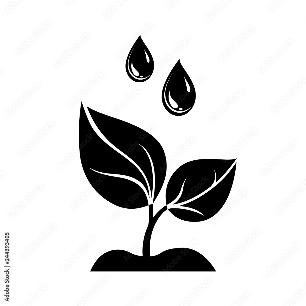 Irrigation icon. Water drops falling on small plant with leaves. Vector ...