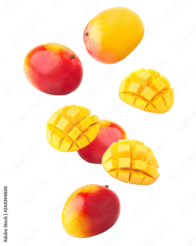 Falling mango isolated on white background, clipping path, full depth ...