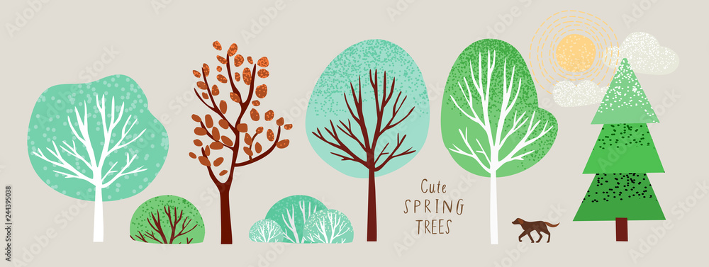 cute spring trees, vector isolated illustration of trees, leaves, fir ...
