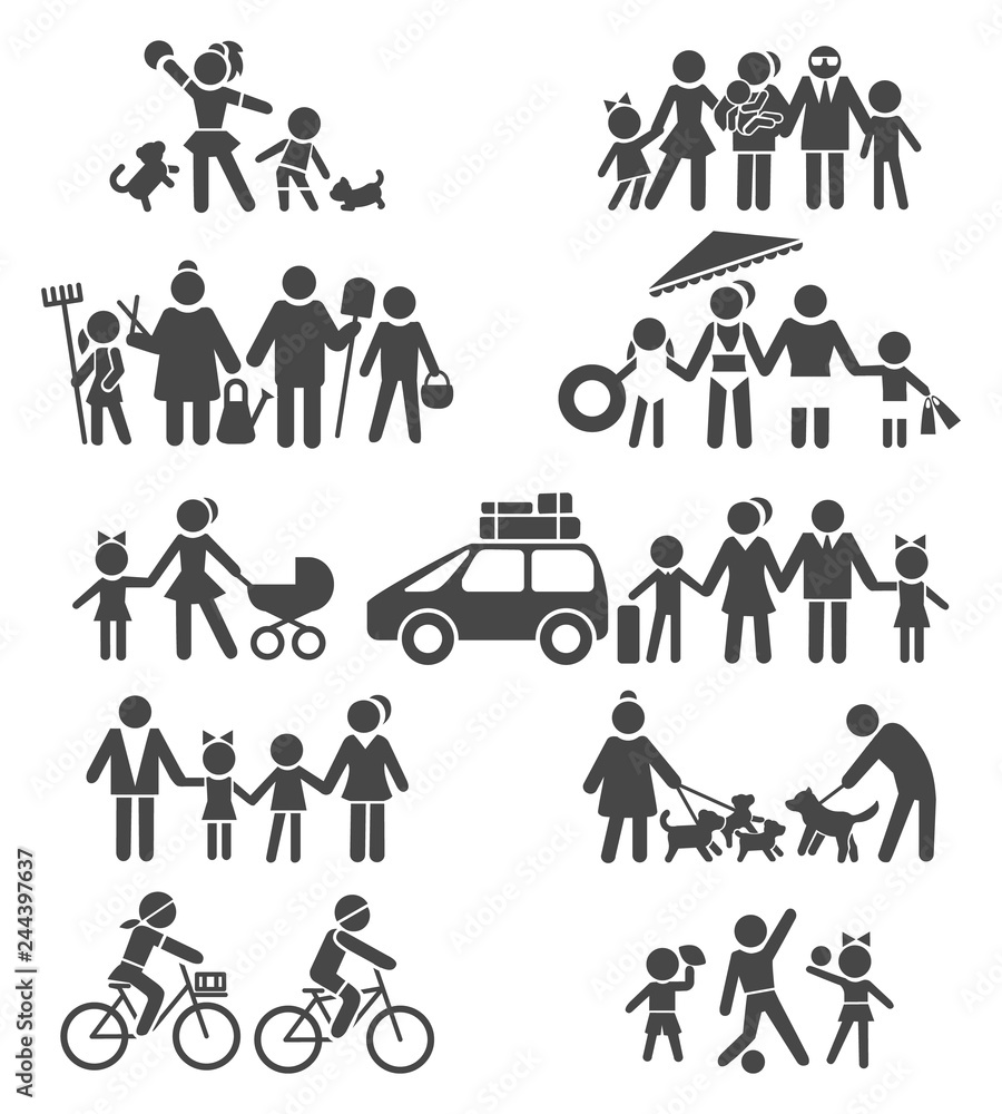 Happy life pictograms. Happy family, parents with children on vacation ...