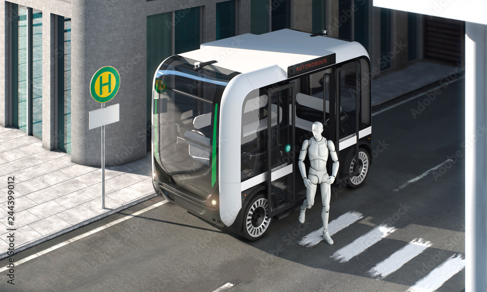 Autonomous bus with passenger exiting on bus stop top down perspective ...