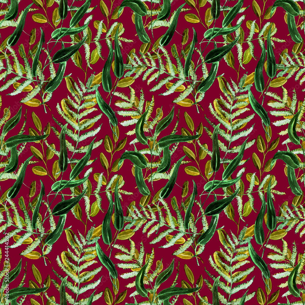 Seamless Realistic Watercolor Greenery Pattern. Hand Drawn Leaves and ...
