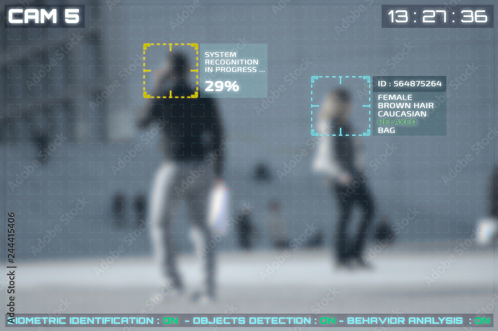 Simulation of a screen of cctv cameras with facial recognition Stock ...