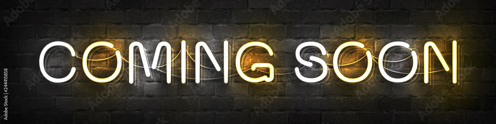 Vector realistic isolated neon sign of Coming Soon typography logo for ...