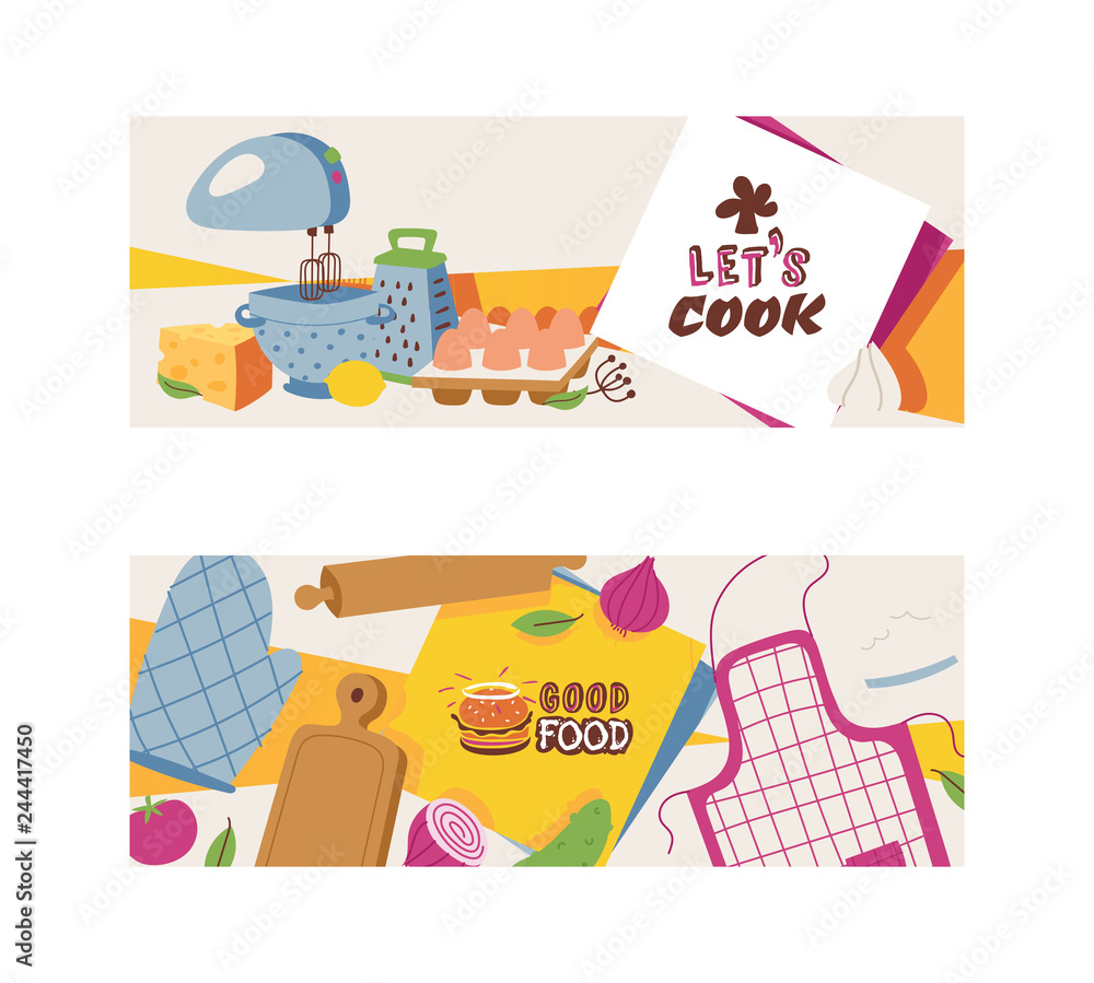Cooking appliances and restaurant utensil and food set of banners ...