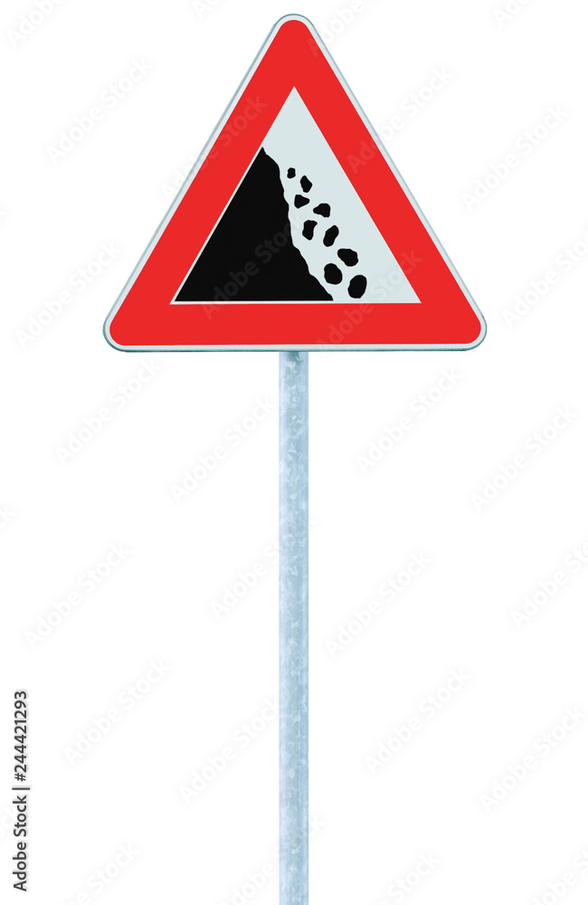 Falling rocks risk caution road sign pole post large detailed isolated ...