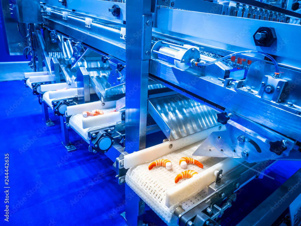 Conveyor. Seafood processing equipment. Shrimp processing line. Seafood ...