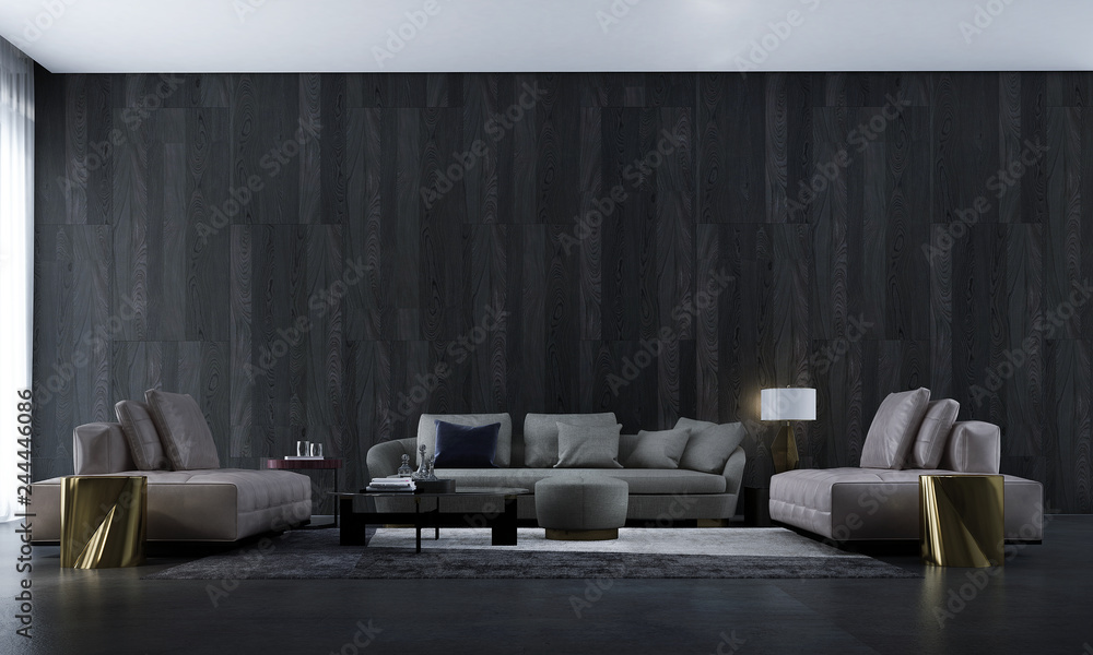 Modern living room interior design and black wood panel wall texture ...