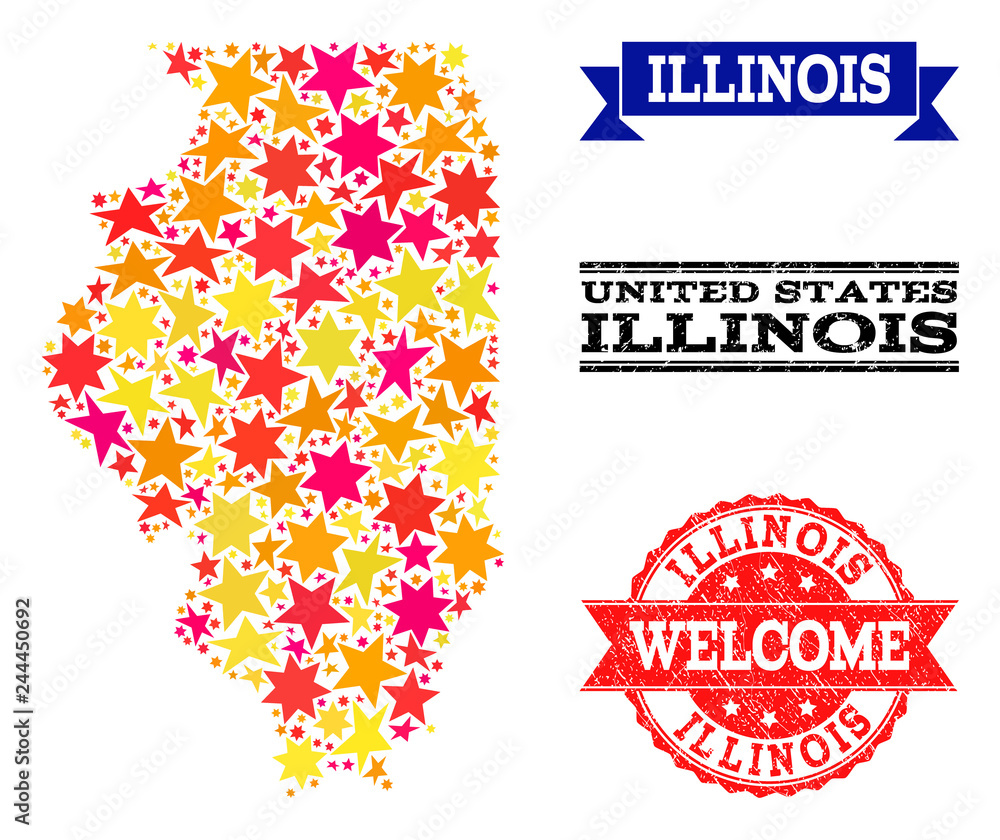 Mosaic map of Illinois State designed with colored flat stars, and ...