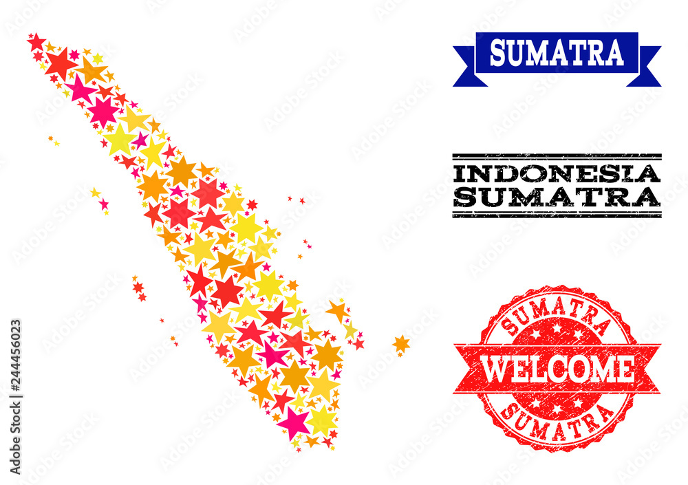 Mosaic map of Sumatra Island formed with colored flat stars, and grunge ...