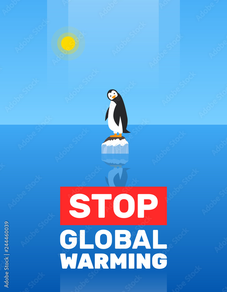 global warming poster design penguin standing on melting ice floe Stock ...