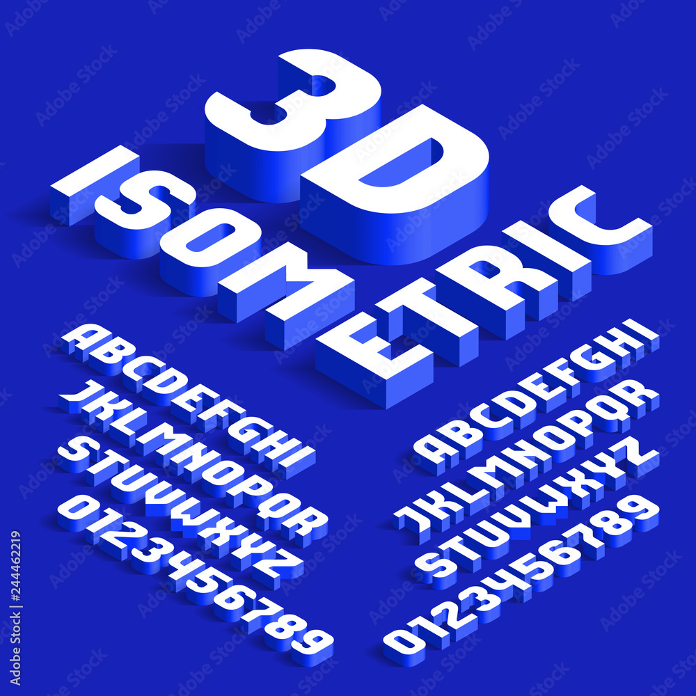 3D isometric alphabet font. 3d effect letters and numbers with shadows ...