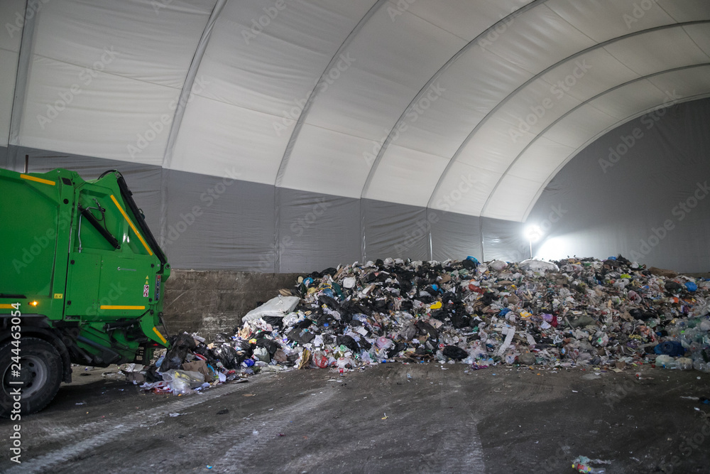 garbage truck of green color. The new one was not yet in work. Stock ...