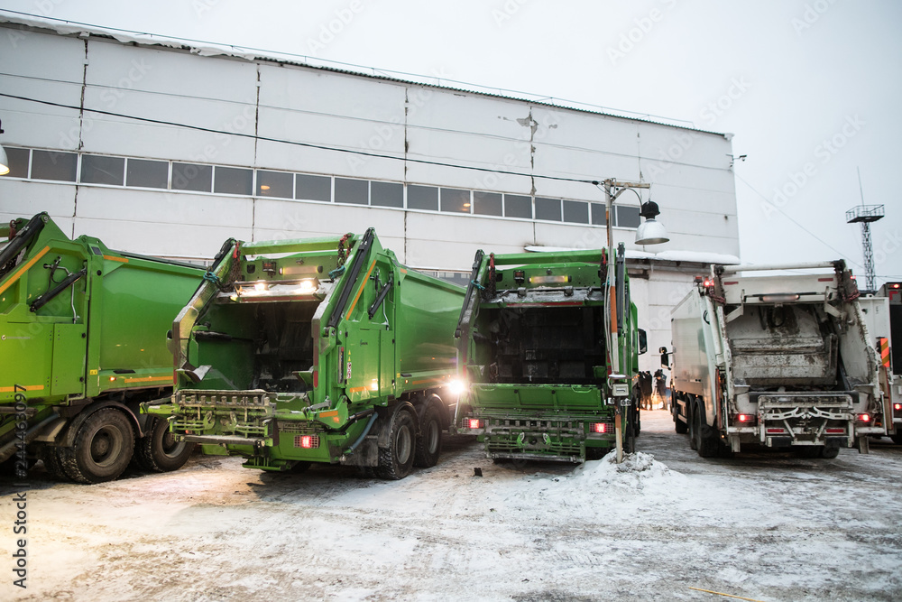 garbage truck of green color. The new one was not yet in work. Stock ...