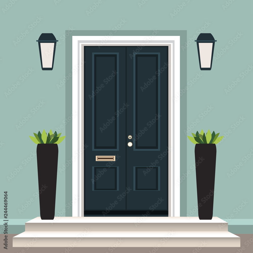 House door front with doorstep and steps porch, lamp, flowers in pot ...