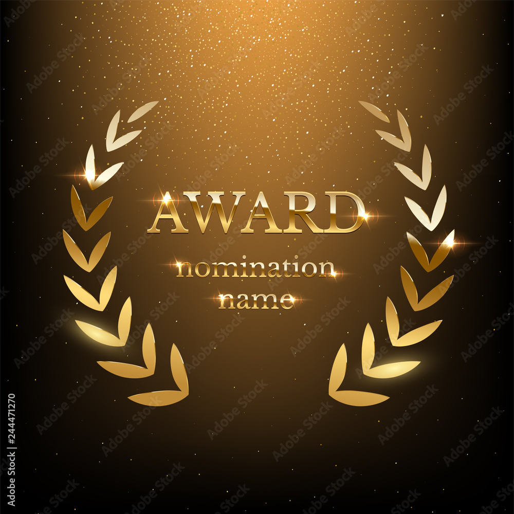 Golden shiny award sign with laurel wreath isolated on dark luxury ...