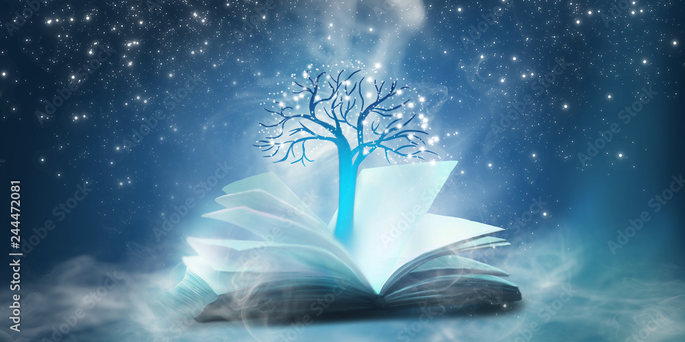 An open book with a magical fantasy. Night view illustration with a ...