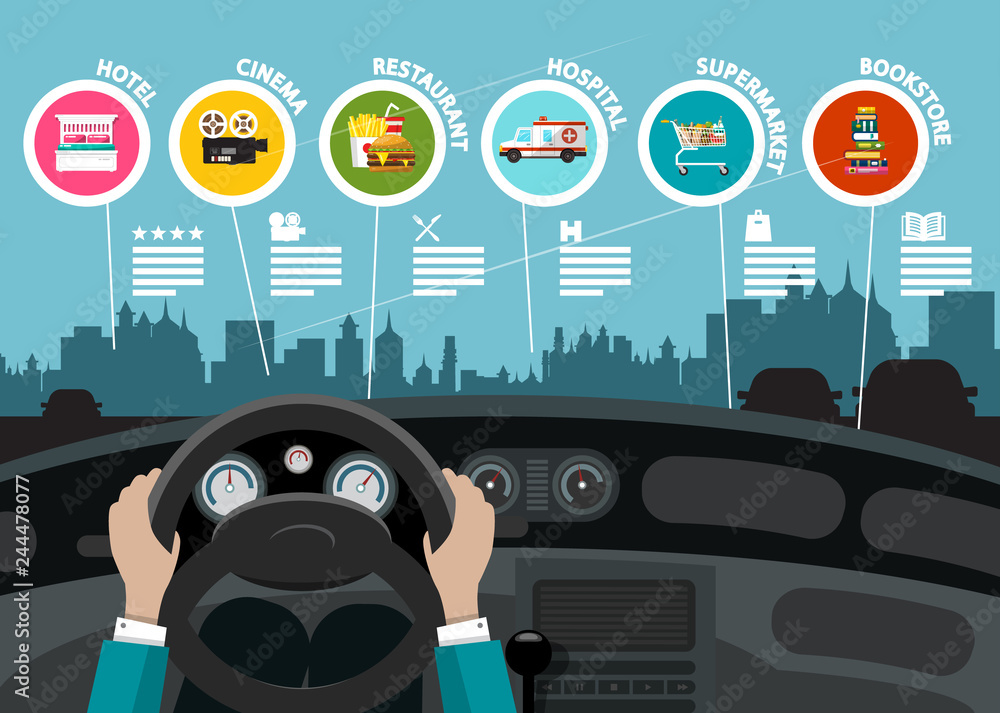 Hands on Car Steering Wheel - City Map with Destination Points Stock ...