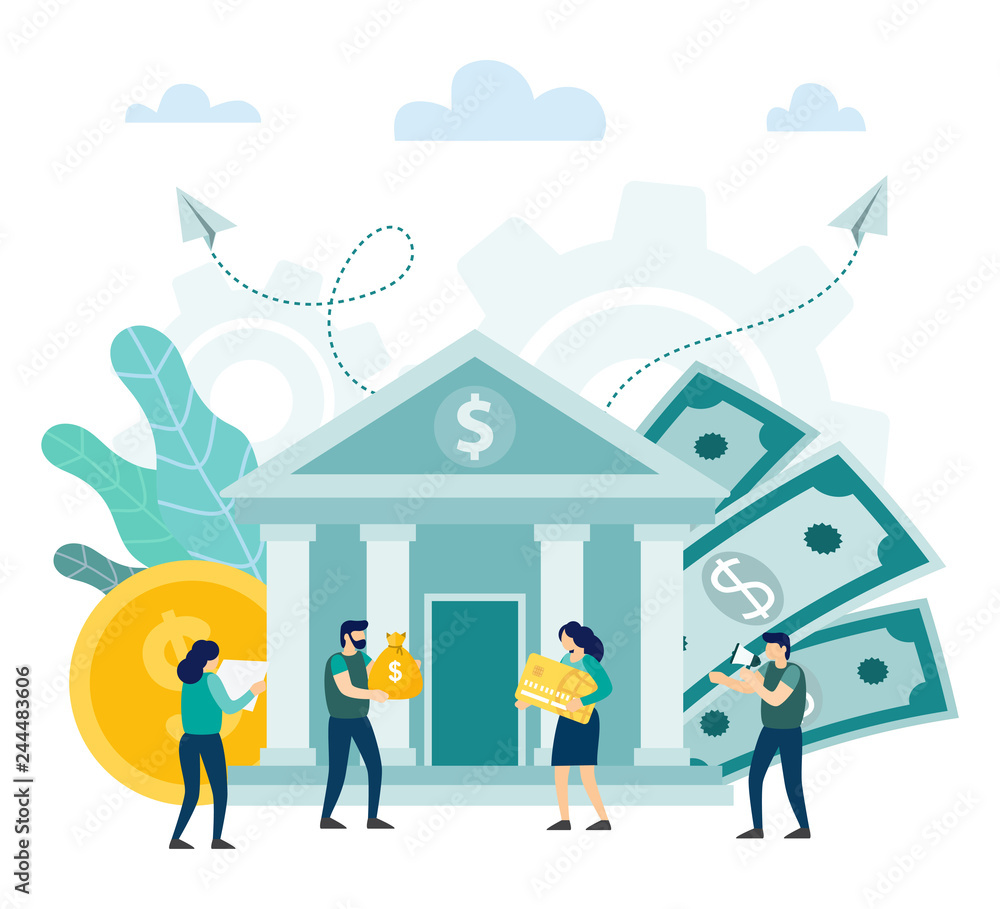 Bank building with people. Happy client investors Stock Vector | Adobe ...