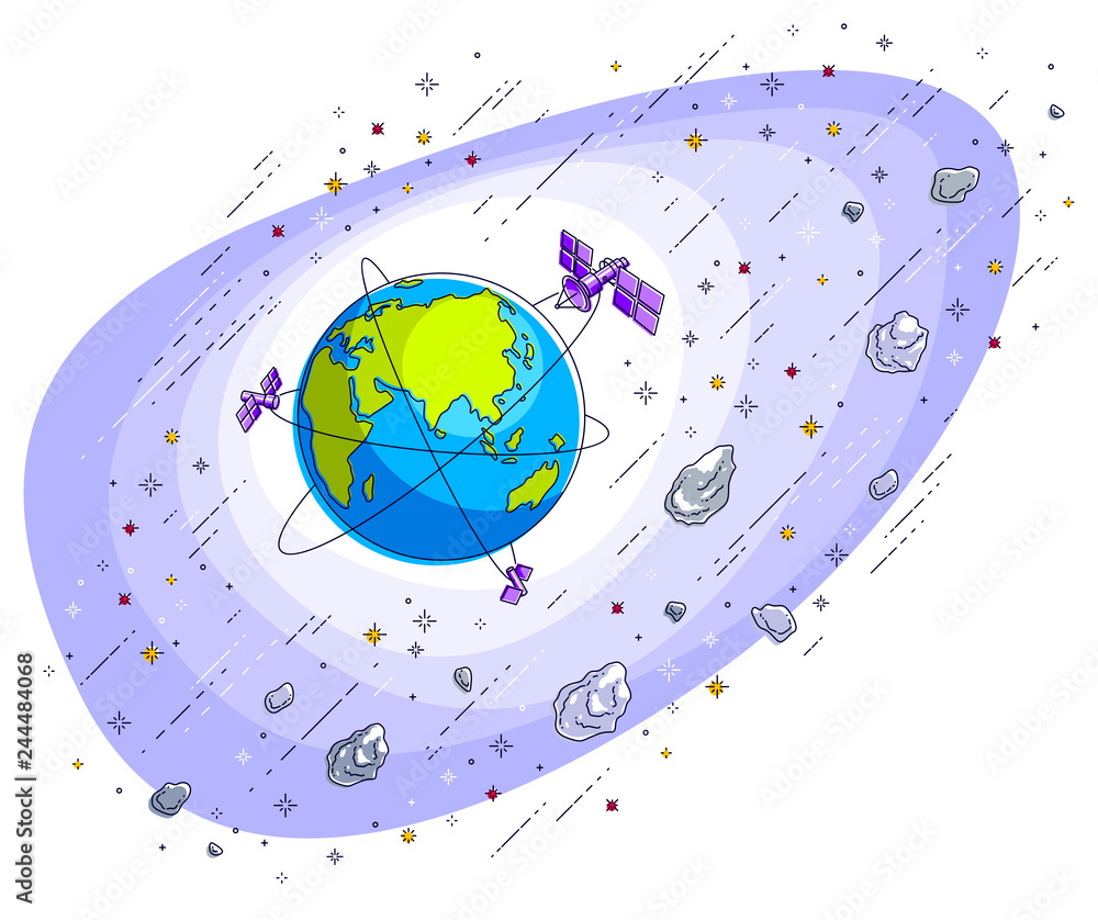 Planet Earth in space surrounded by artificial satellites, stars and ...