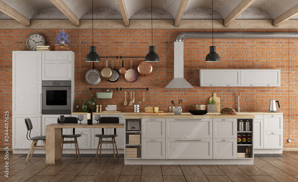 Retro white kitchen in a old interior with brick wall Stock ...
