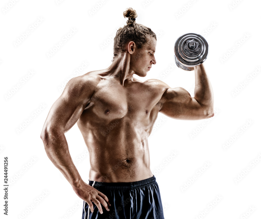 Strong man doing exercises with dumbbell at biceps. Photo of sporty man ...