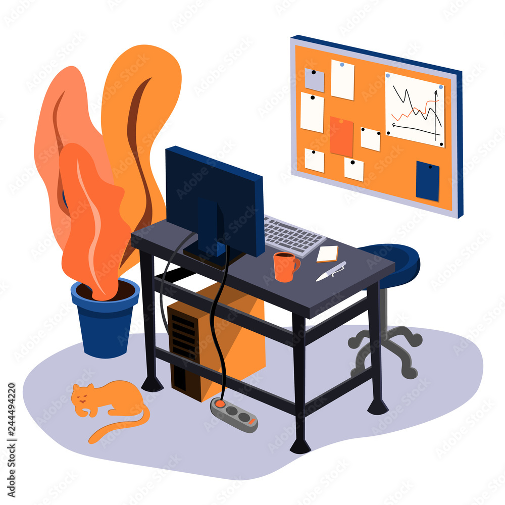 Working computer area in the room. Desk and whiteboard for notes ...